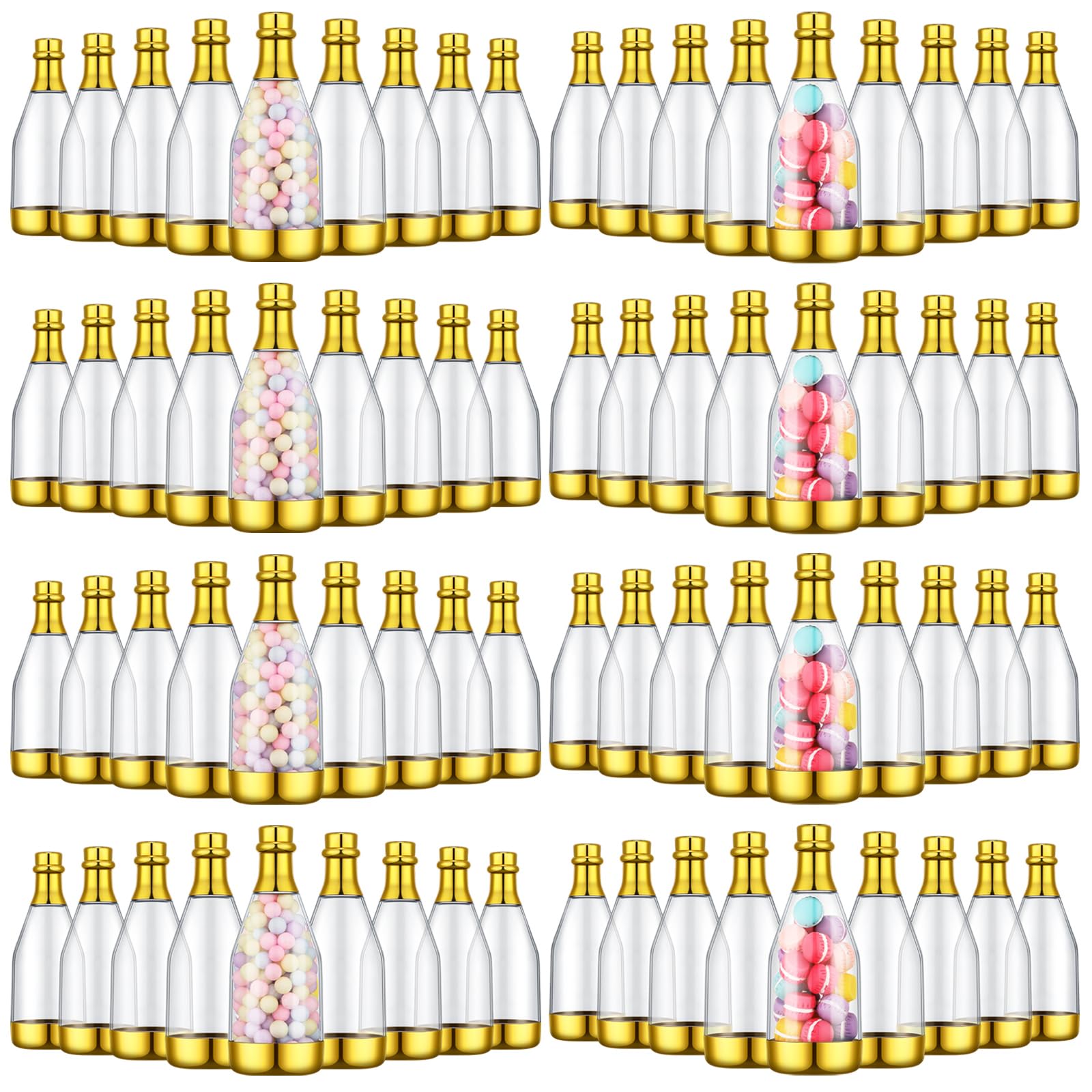 Gejoy 150 Pcs Metallic Mini Champagne Bottles Container Bulk Small Candy Bottles DIY Favor Plastic Candy Containers for Wedding Bridal Baby Shower Birthday Party Favors, Clear and Gold