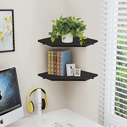 Homode Corner Shelf Wall Mount, Set of 2 Corner Floating Shelves with Wire Hole for TV, Cable Box, Wood Hanging Storage Shelf Organizer for Bathroom Kitchen Living Room Bedroom, Black
