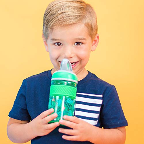 Nuby Thirsty Kids Flip-it Freestyle On The Go Water Bottle with Bite Resistant Hard Straw and Easy Grip Band, Green Banana Leaves, 12 Ounce