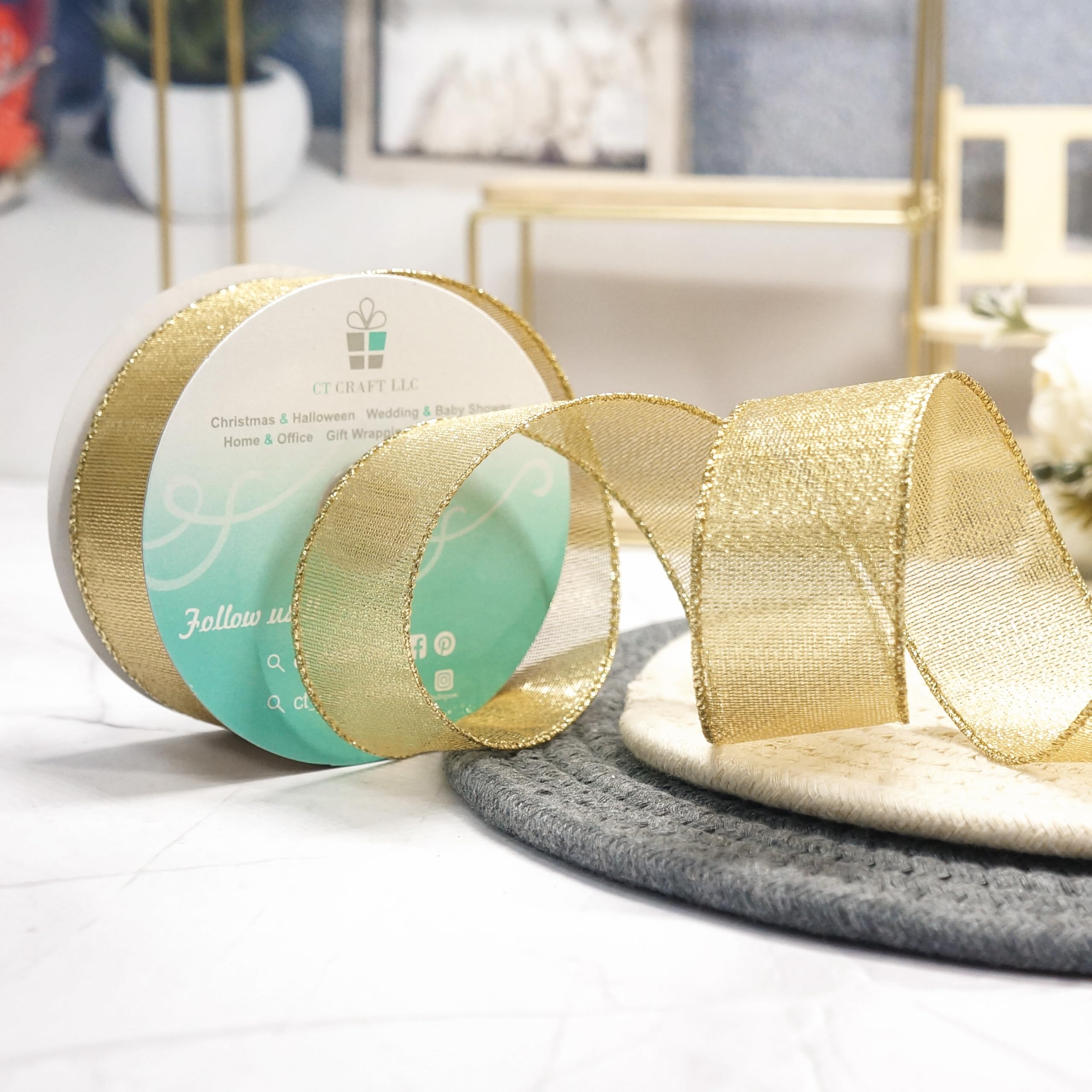 CT CRAFT LLC Gold Metallic Wired Ribbon 1.5 inch x 20 Yards for Christmas Home Decor Tree Topper Bow Gift Wrapping DIY Crafts Wreath Garland Wedding