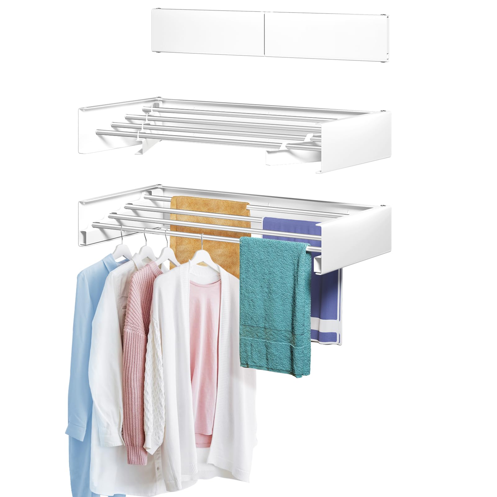 kenvc Laundry Drying Rack Collapsible: Wall Mounted Clothes Drying Rack - 23.6" Wide 9.9Linear Ft 4 Aluminum Rods 40 lb Capacity with Wall Template Screwdriver Bit Drill Bit(White, 24)