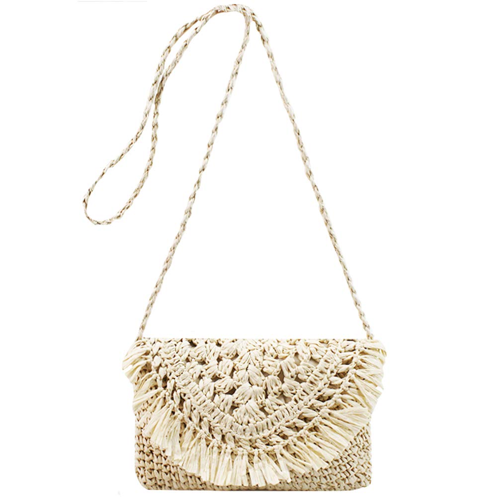 Meyaus Women Small Fringed Straw Woven Cross-body Bag Shoulder Bag Bohemian Beach Envelope Flap Handbag Purse