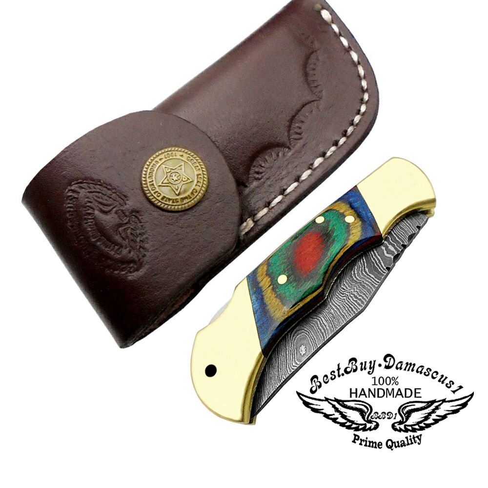 Best.Buy.Damascus1 Multi Color Wood 5.5'' Custom Handmade Damascus Steel Double Brass Bloster With Sharpening Rod Folding Pocket Knife Back Lock Prime Quality Come With Leather Sheath
