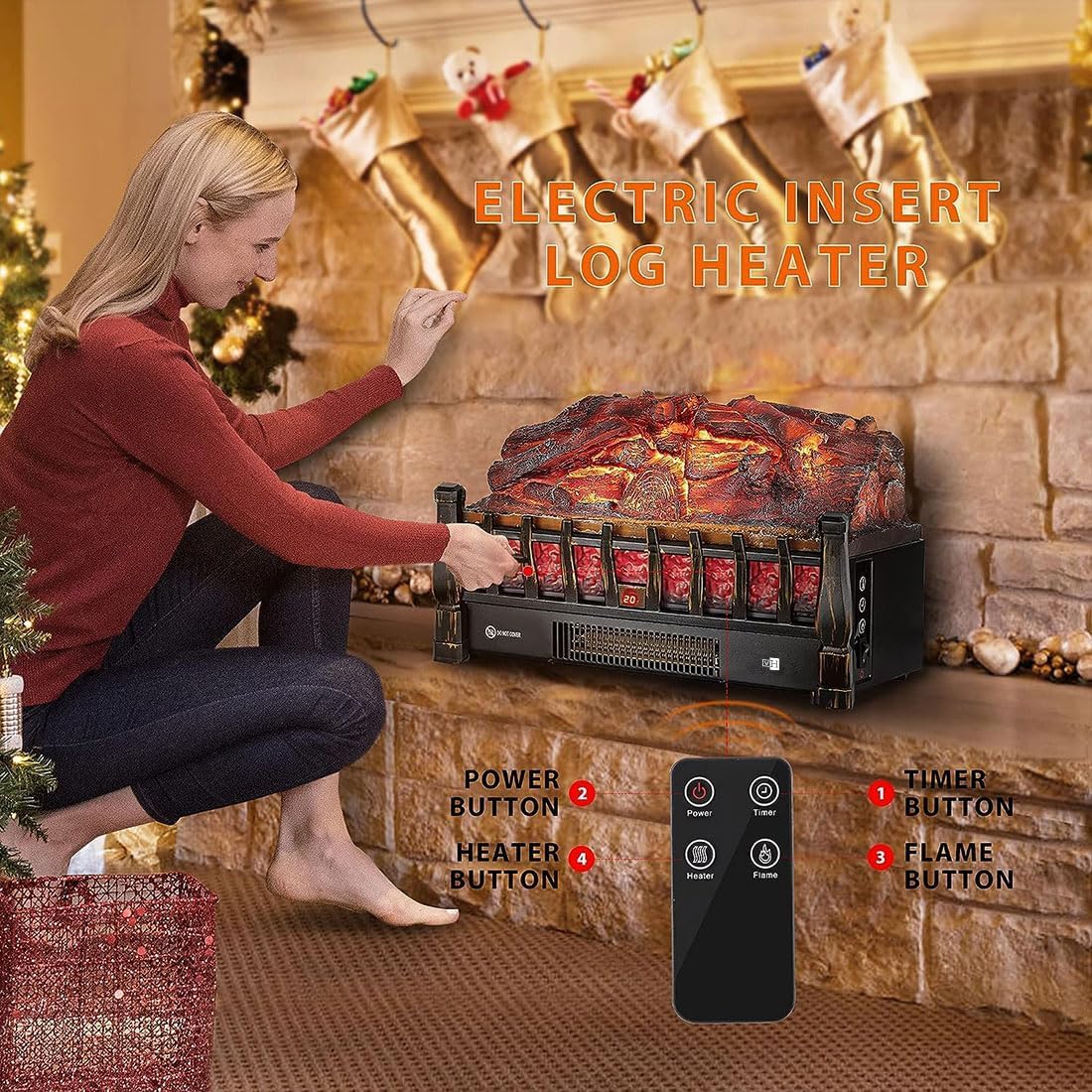 VIVOHOME 20 Inch Electric Fireplace Logs with Realistic Quartz Ember Bed, Log Heater Insert for Existing Fireplace, Overheating Protection, Timer, Remote Control, Gold