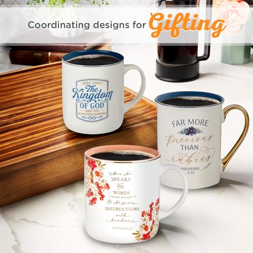Christian Art Gifts Ceramic Coffee & Tea Mug for Women 12 oz Navy Blue Floral w/Gold Accents Inspirational Bible Verse Mug -More Precious than Rubies - Proverbs 3:15 Lead-free Scripture Cup