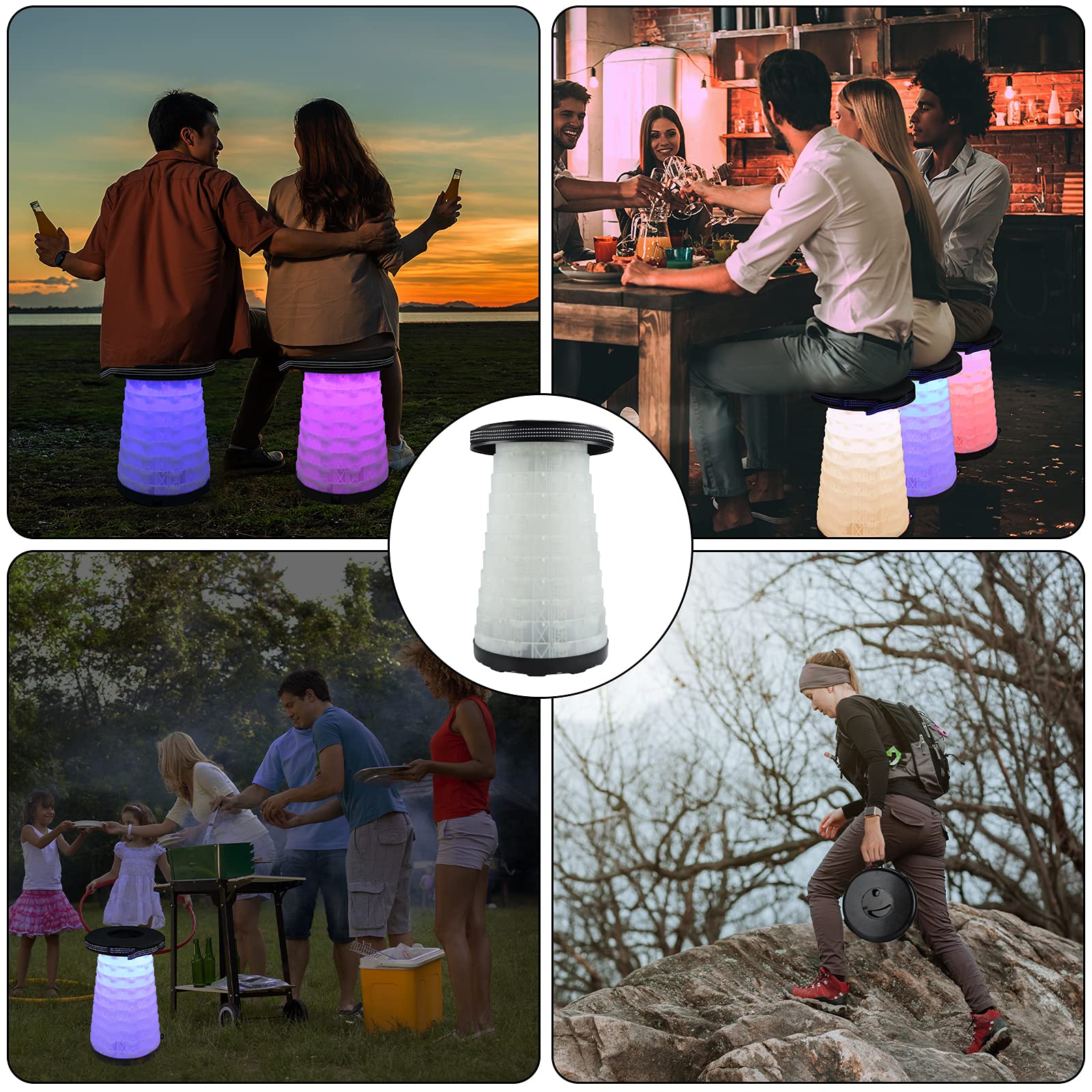 Cocotik Upgraded Folding Stools Portable with Light for Camping Retractable Plastic Chair Lightweight Collapsible for Adults Fishing Garden Outdoors Indoors (Black)