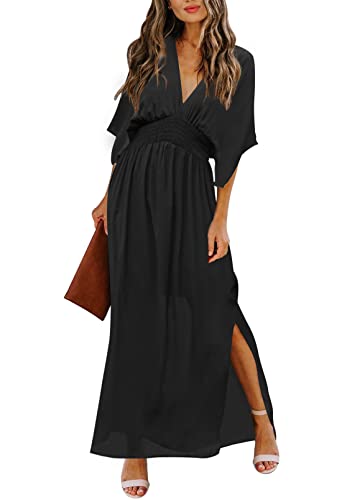 Meenew Women's Deep V Neck Summer Maxi Dress Flowy Long Beach Dress Black S