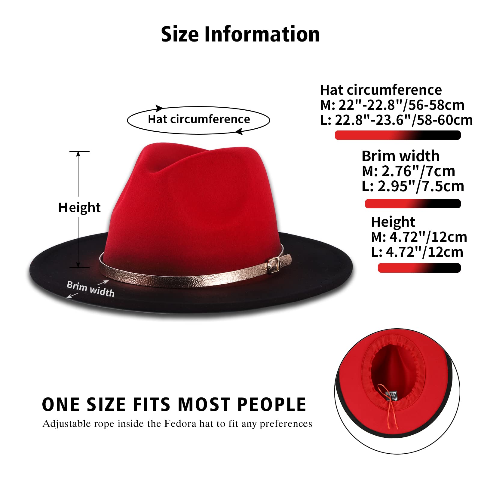 Black Red Fedora Hats for Women Men,Red Bottom Hat Wide Brim Fedora for Women,Two Tone Red Black Fedora(Red A1,Medium)