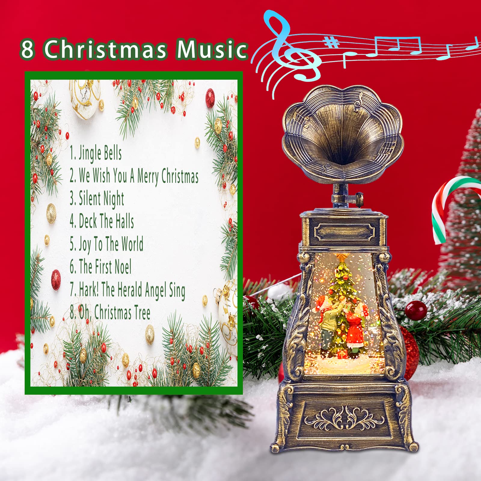 Christmas Snow Globes Musical Snow Globe Water Lantern Swirling Glitter Phonograph with Christmas Tree Kids Snow Globe Lantern Lighted 6H Timer USB Battery Operated Snowglobe Home Christmas Decoration