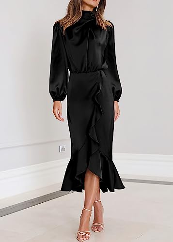 KIRUNDO Women's Fall Satin Mock Neck Wedding Guest Cocktail Midi Dress Long Sleeve Wrap Ruched Ruffle Formal Dresses(Black, Large)