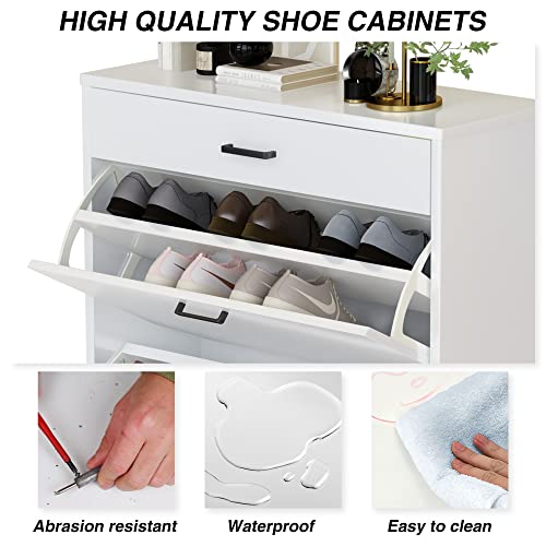 Lamerge Shoe Cabinet for Entryway, Modern Freestanding Shoes Storage Cabinet with 2 Flip Drawers & 1 Slide Drawer, Open Shelf, Narrow Slim Shoe Rack Organizer for Entryway, Hallway - White