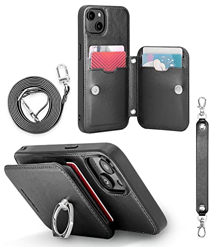 GOOSPERY Rich-Fit iPhone 14 Plus Crossbody Wallet Case for iPhone 14 Plus Case [Strap Included] with Card Holder Lanyard Magnetic Clasp [Kickstand Ring] Heavy Duty Protection, Black