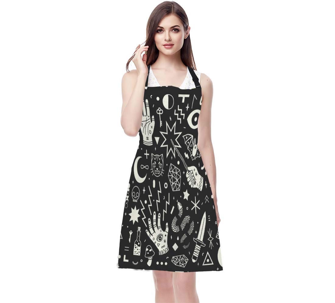 EKOBLA Magical Witchcraft Aprons Hand Eyes Moon Skull Cat Bat Snake Dagger Mushroom Key Waterproof Resistant Chef Cooking Kitchen BBQ Adjustable Aprons for Women Men 27x31 Inch