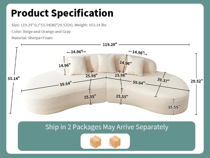DAMAIFROM 119.29β Curved Sectional Sofa Couch, Comfy Sherpa Fabric Modern Upholstered Cloud Sofa with 3 Pillow, Oversized Couch for Living Room, Bedroom, Apartment, Beige