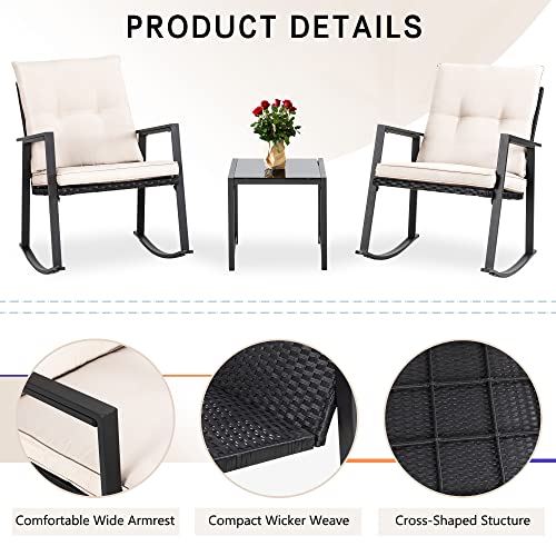JAMFLY 3-Piece Patio Rocking Bistro Set, Outdoor Wicker Furniture Balcony Porch Chairs Conversation Sets with Glass Coffee Table (Beige)