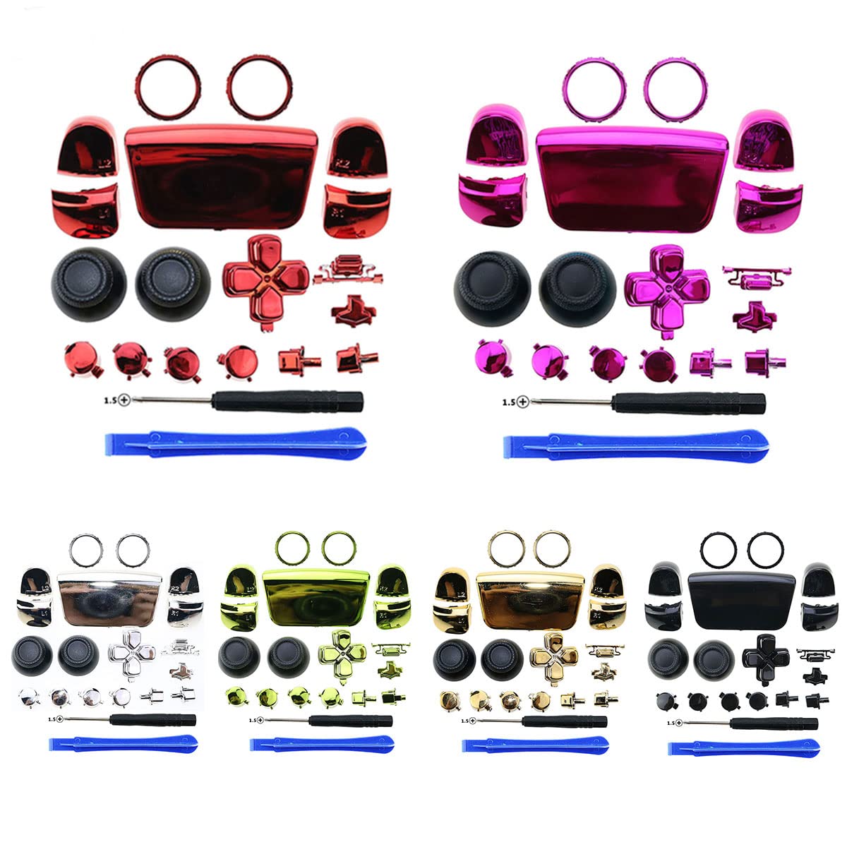 Chrome Full Buttons Set L1 R1 L2 R2 D-pad Button for PS5 Thumb Joystick Cap with Accent Rings & Tool for PS5 BDM-010 Controller Replacement - Chrome Red