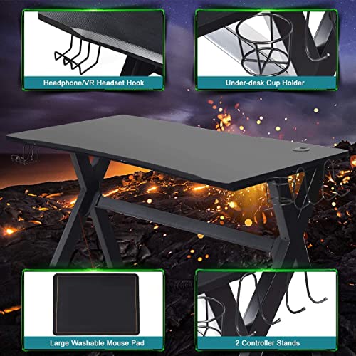 Goplus Gaming Desk & Chair Combo Set, Racing Style X Shaped E-Sport Gamer Desk & PVC Computer Chair w/Cup & Headphone Holder, Mouse Pad, Headrest & Massage Lumbar Support for Home Office (Grey)