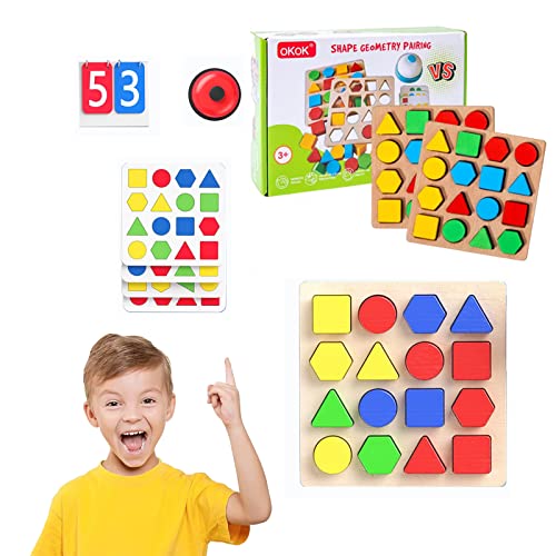 Color Sensory Educational Toy Shape Matching Game Wooden Montessori Puzzles Shape Montessori Toddler Sensory Board with Scoreboard, Bell and Cards for Kids 1 5 8 13 Years Old (for 2 Players)