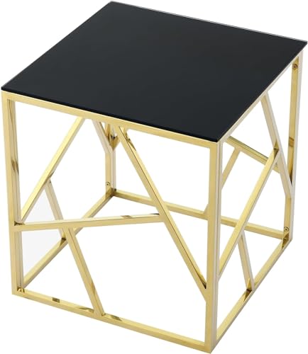 Black Side Table Small End Table with Mirrored Stainless Steel Metal Base, Square Tempered Glass End Table with Storage Modern Side Table, Living Room End Table Narrow Long Side Table Night Stand