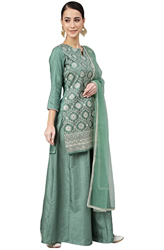 Janasya Indian Women's Mint Green Chinon Foil Print Kurta with Flared Palazzo and Dupatta(SET530-KR-PP-A-XXL)
