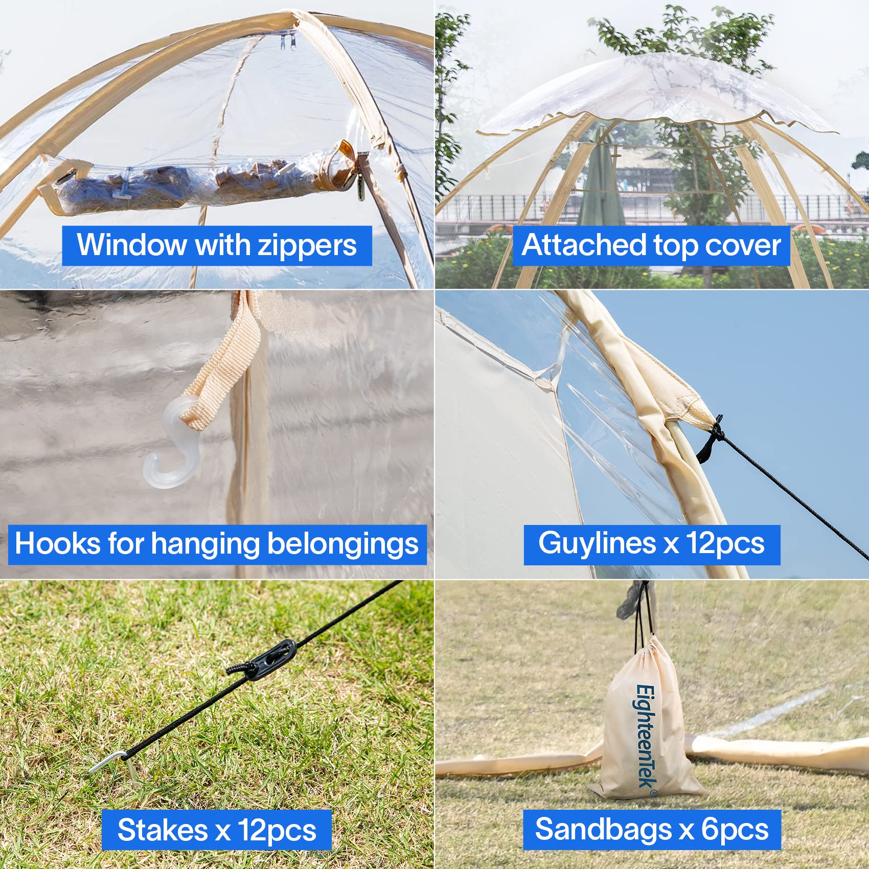 EighteenTek Sports Tent Screen House Room Greenhouse Camping Tent Canopy Gazebos 4-6 Person for Patios Large Oversize Weatherproof Pod Pop Up Tent, Cold Protection Beige 10βx10β