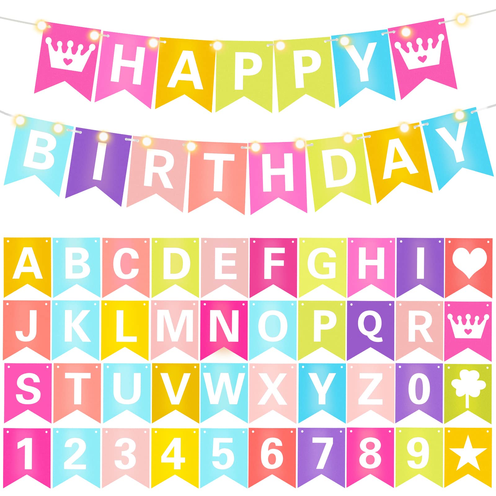 TaoBary 135 Pcs DIY Banner Custom Letters Kit Make Your Own Banner for Birthday Graduation Party Decor Include 107 Letters and Numbers, 16 Symbols, 2 String Lights, 5 Needles, 5 Rope(Colorful)