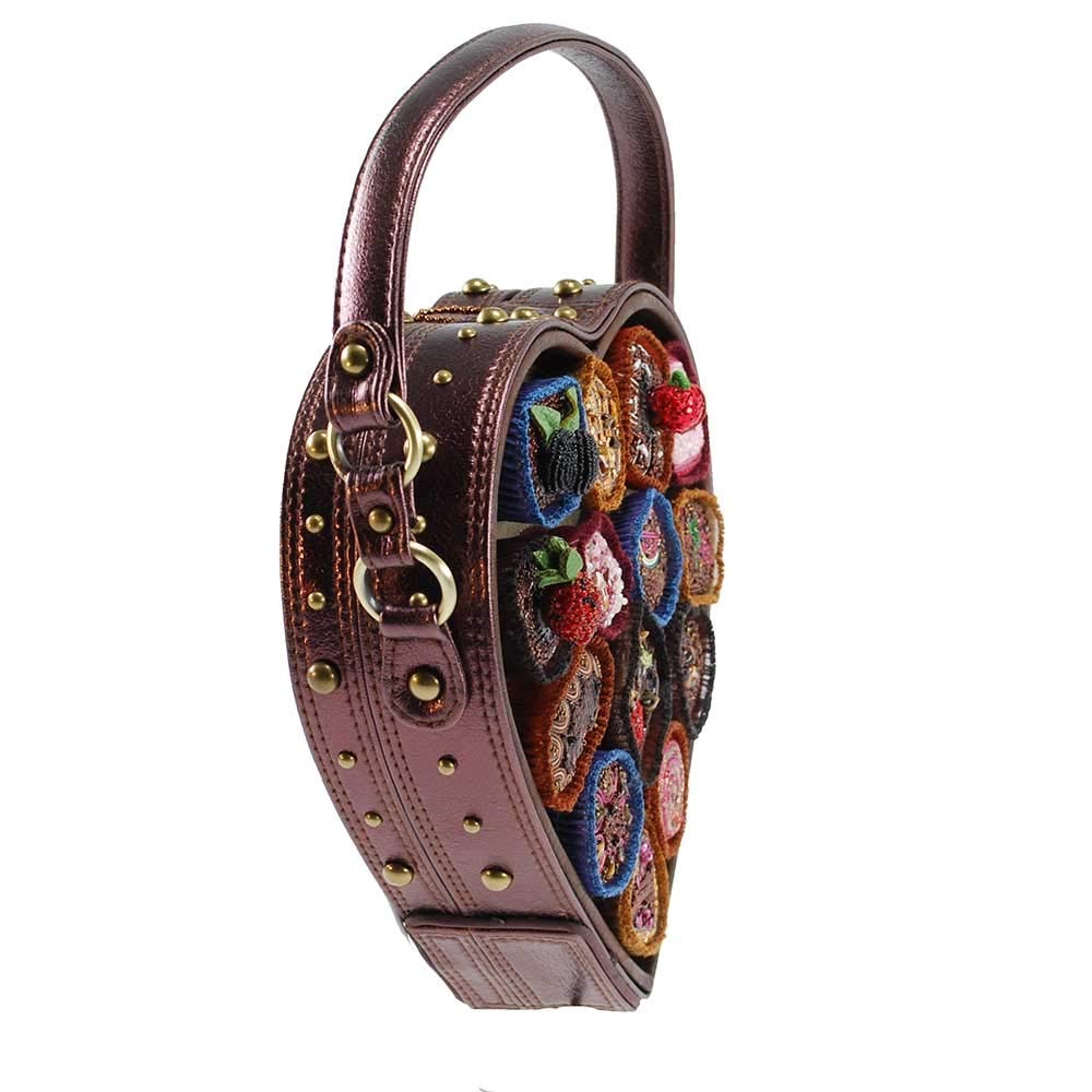 Mary Frances Temptations Embellished Heart Shaped Box of Chocolates Novelty Handbag, brown