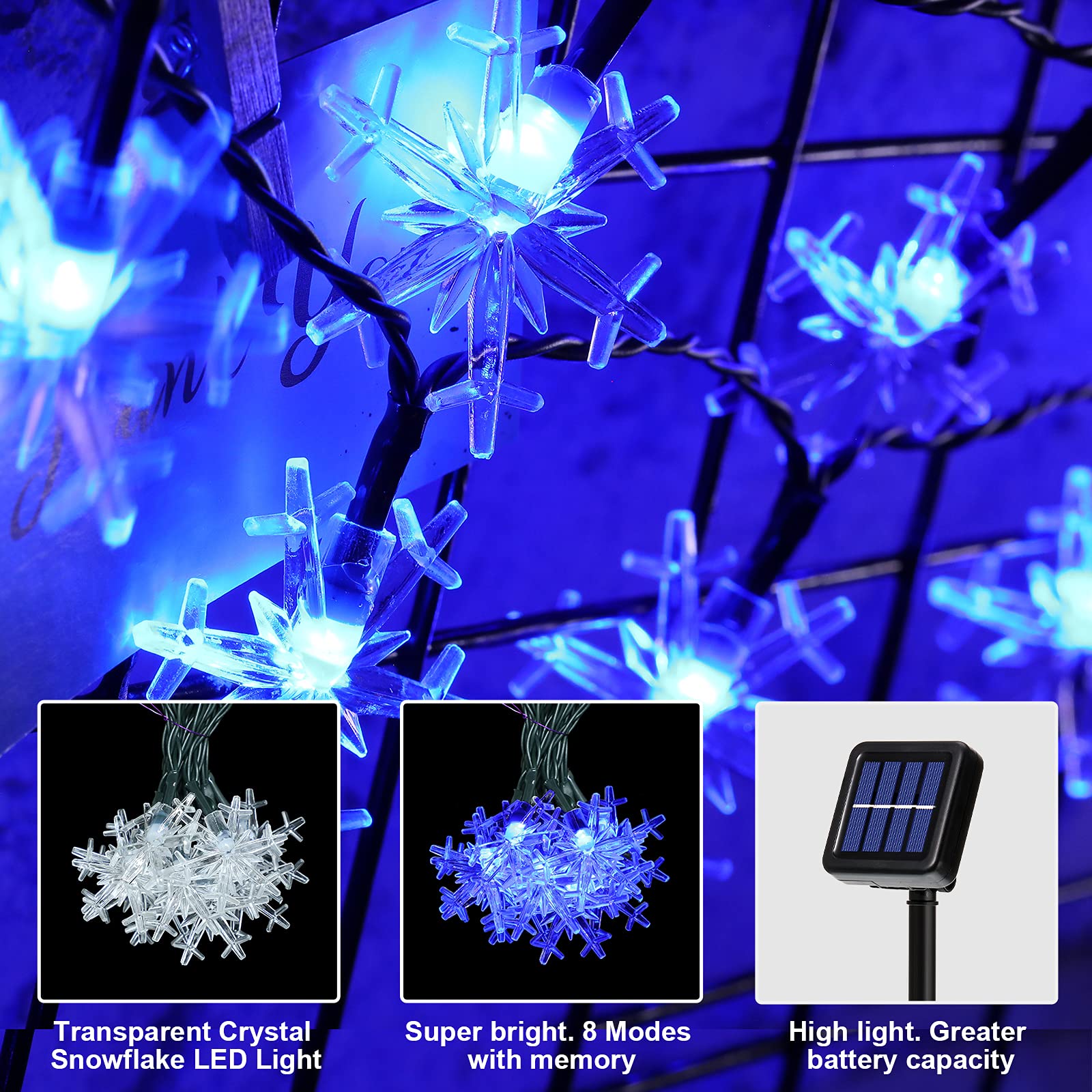 Snowflake Solar String Lights, 50LED 23ft 8 Modes Waterproof Solar Powered String Fairy Lights for Patio Home Gardens Outdoor Holiday Christmas Tree Party Decorations (Blue)