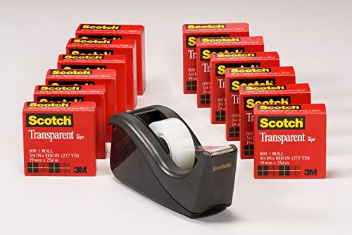 Scotch Transparent Tape with C60 Desktop Dispenser, Versatile, Cuts Cleanly, Engineered for Office and Home Use, 3/4 x 1000 Inches, Boxed, 12 Rolls, 1 Dispenser (600K-C60)
