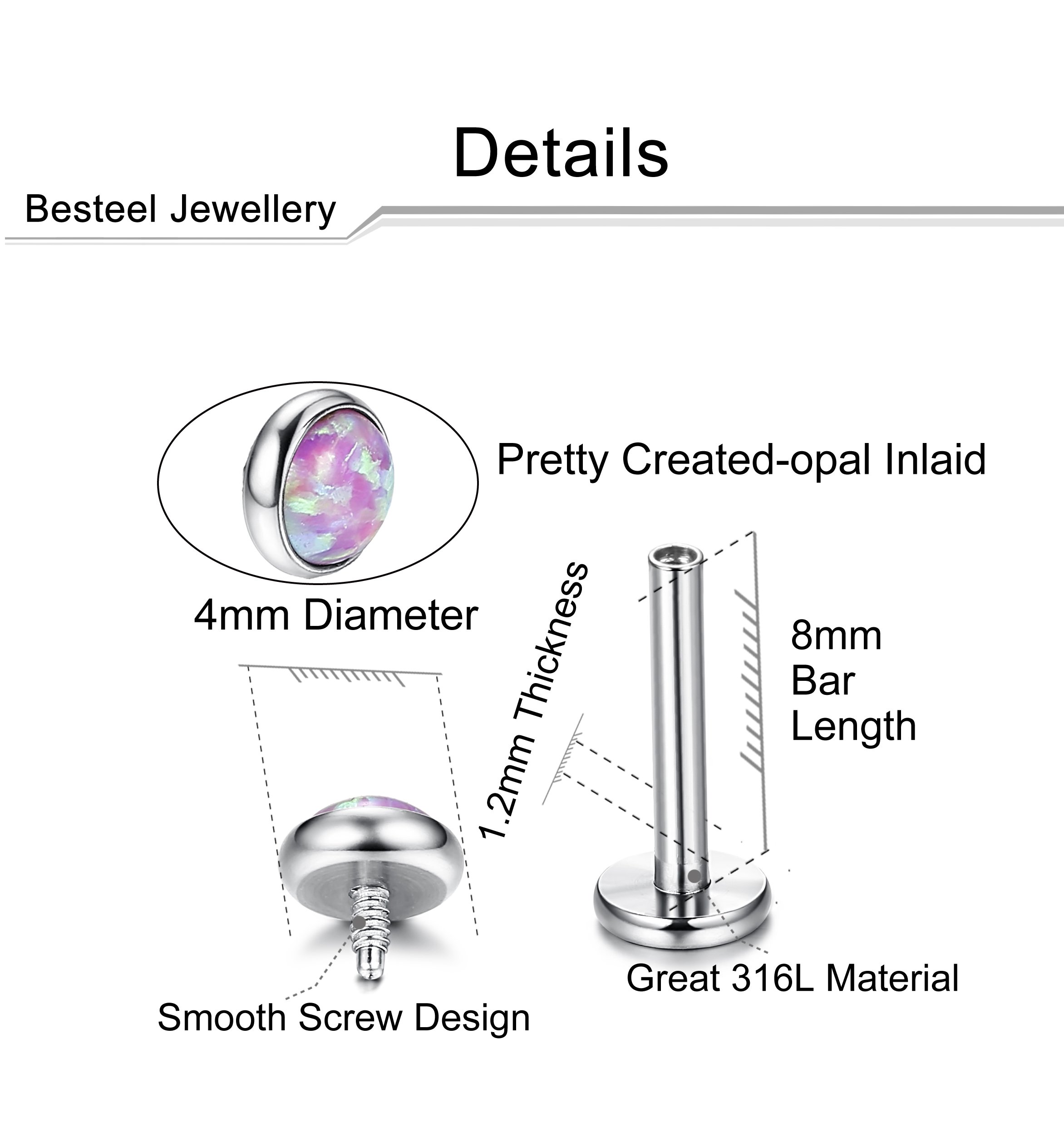 Besteel 4PCS 16G Stainless Steel Created-opal Monroe Piercing Jewelry for Men Women Labret Rings Lip Tragus Piercing 6mm