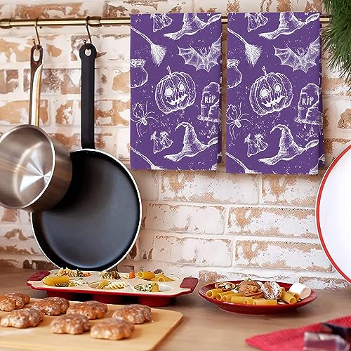 Kitchen Towels Happy Halloween Purple Absorbent Tea Towel Soft Hand Dish Towel Pumpkin Witch Bat Reusable Washable Cleaning Cloth Hand Bath Towels for Bathroom Bar for Everyday Cooking (Pack of 1)