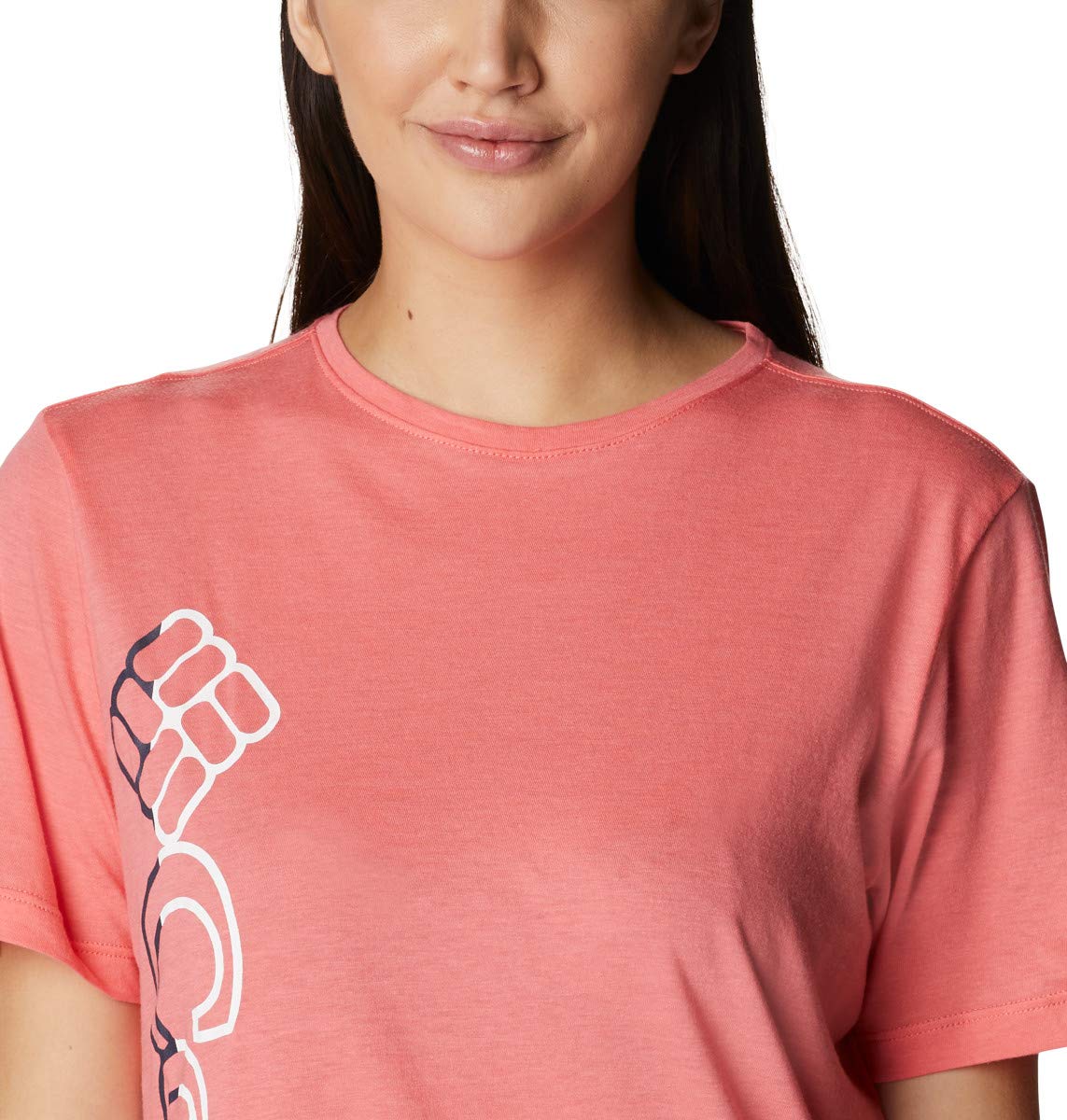 Columbia Women's Bluebird Day Relaxed Crew Neck, Salmon Heather/Outlined Brand, X-Large