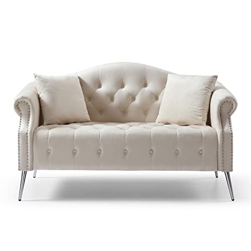 Homtique Velvet Loveseat Sofa for Living Room, Mid Century Modern Sofa Upholstered Button Tufted Rolled Arms and Metal Legs, 59.4" Small Sofa Couches for Small Spaces with 2 Pillows for Bedroom(Beige)