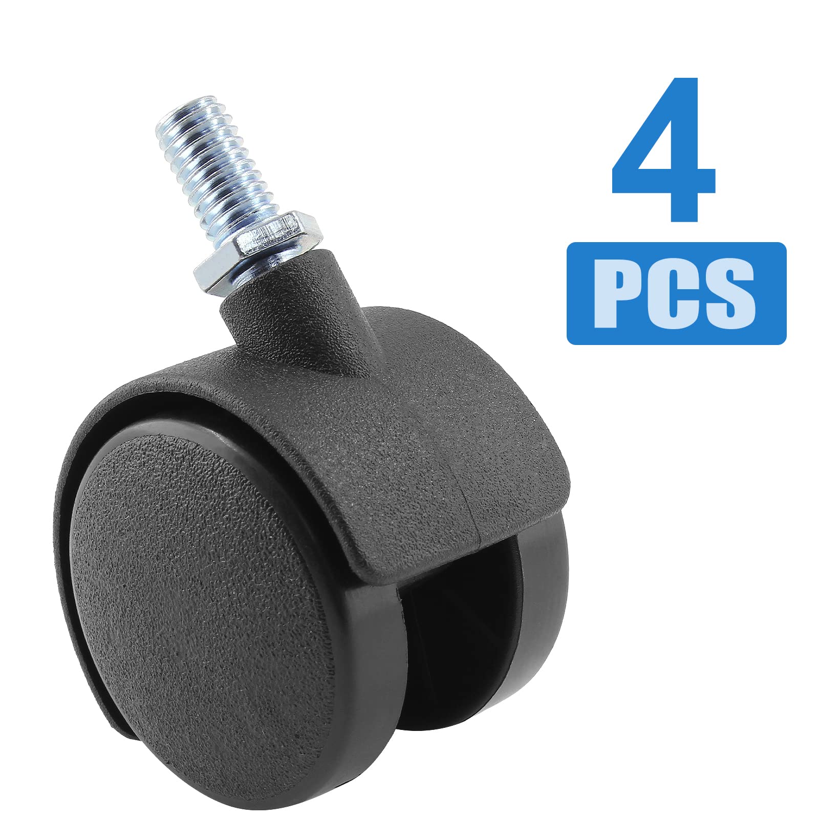 BokWin 4 Pcs 1.5" Plastic Casters Shelving Caster,M8 Stem Nylon Furniture Wheel Replacement Threaded Stem Swivel Cart Wheels for Office Chair Commodity Shelf Black Tone Without Brake, Black