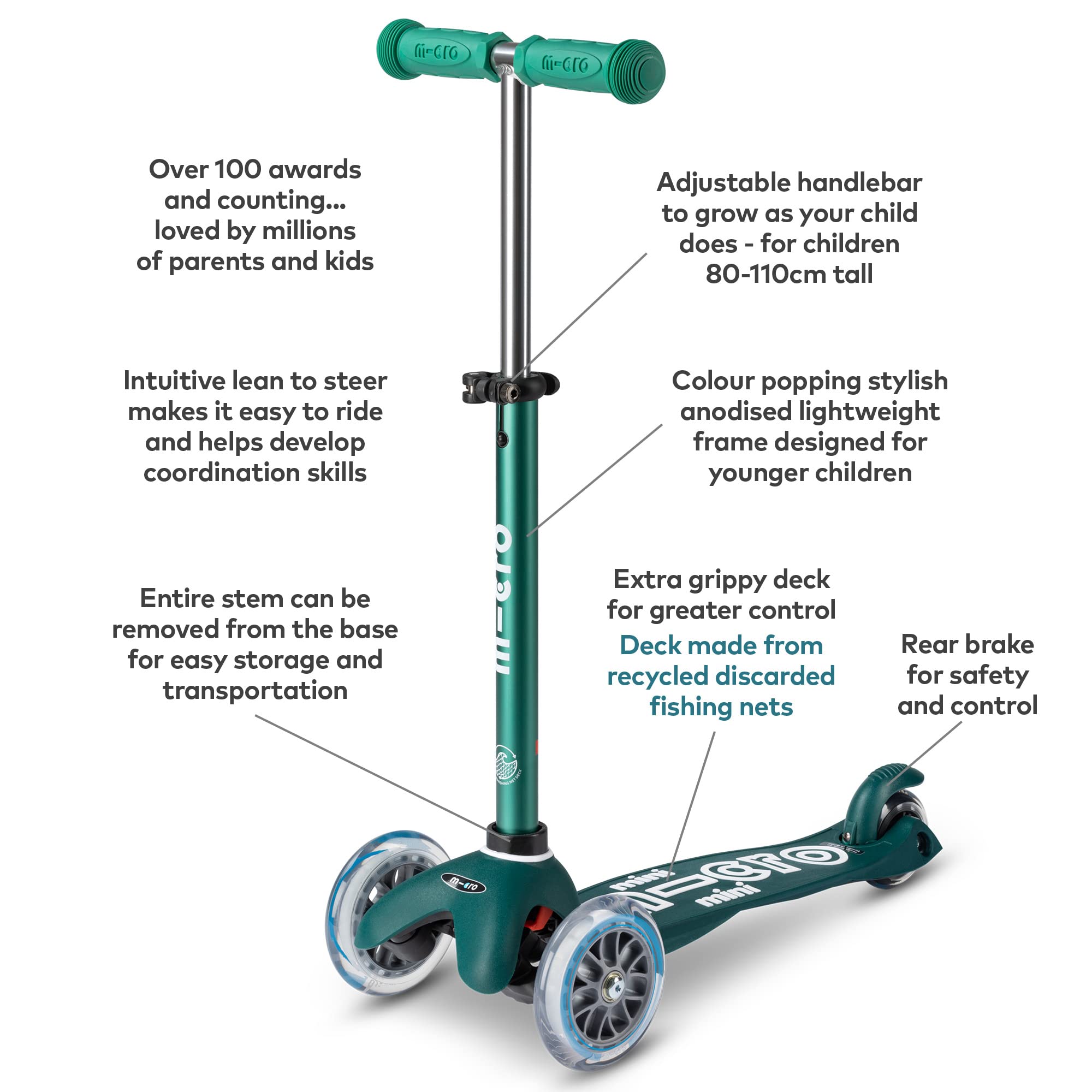 Micro Kickboard - Mini Deluxe Eco, 3-Wheeled, Lean-to-Steer, Swiss-Designed Micro Scooter Made with Recycled and Sustainable Materials, for Preschool Kids, Ages 2-5 (Dark Green)