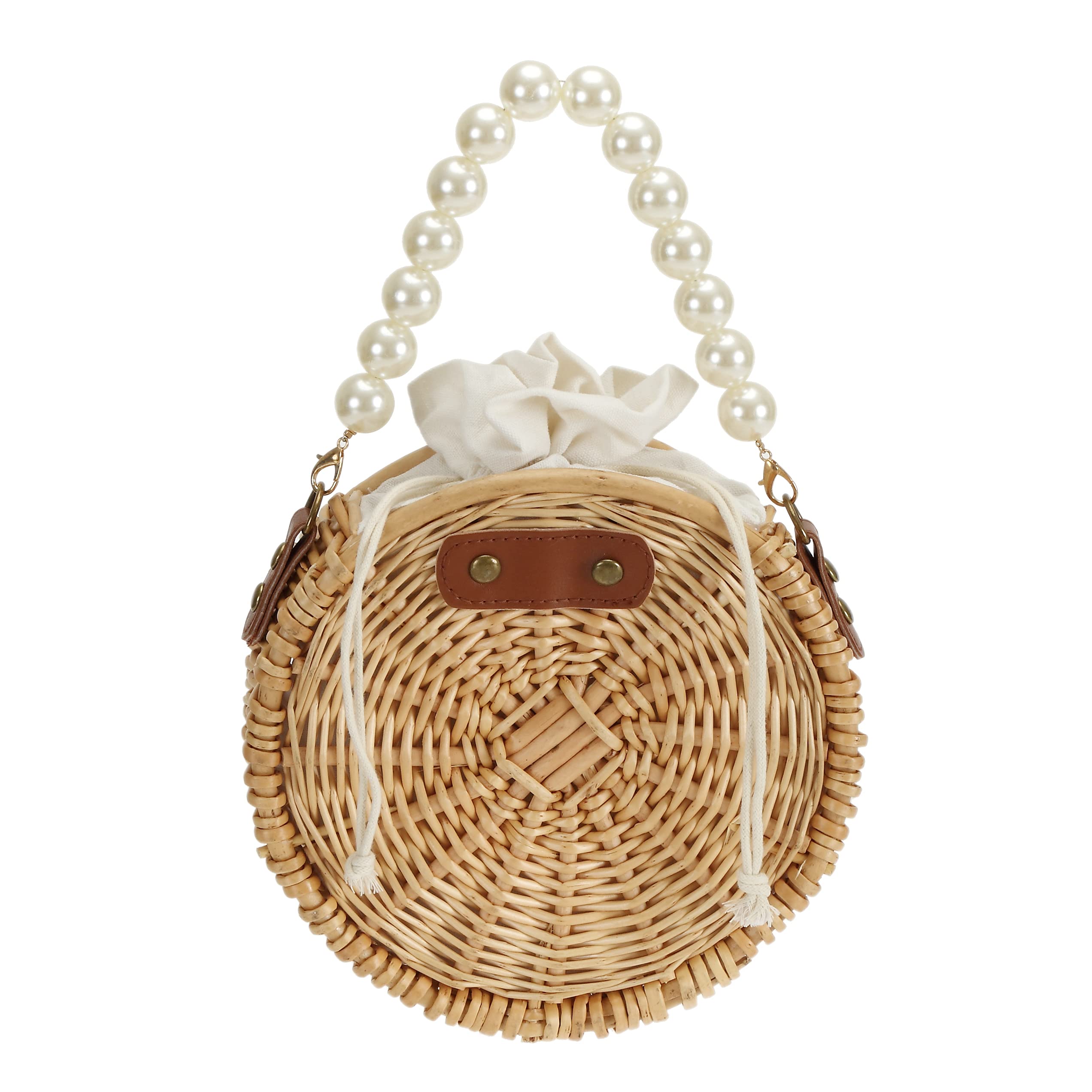 So'each Women Handmade Rattan Wicker Woven Artificial Pearl Circle Shoulder Bag
