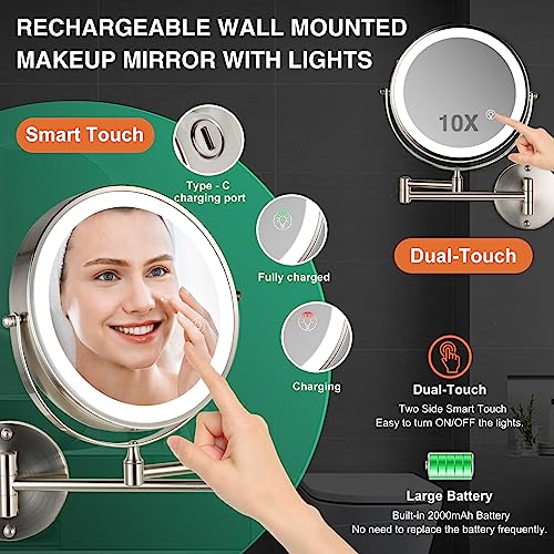 GREENFROM Rechargeable Wall Mounted Makeup Mirror Brushed Nickel, 8.5'' Magnifying Mirror with Lights Double-Sided 1X/10X 360° Rotation Extension Bathroom Shaving Mirror with Foldable Arm