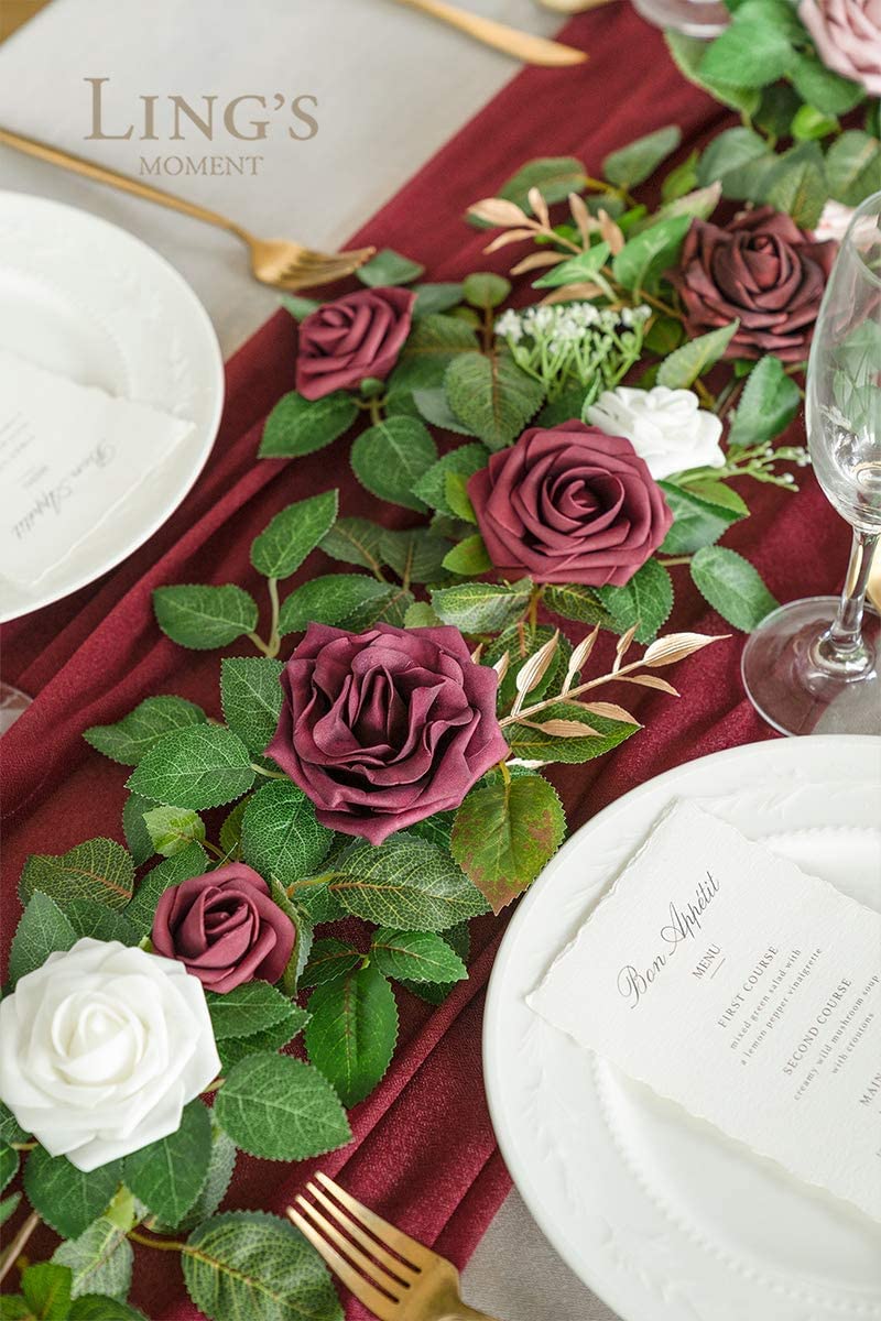 Ling's Moment Artificial Flowers 25Pcs Burgundy Roses Decor w/Stems,3" Real Touch DIY Foam Floral for Wedding Bouquet/Centerpieces, Outdoors Party Backdrop, Room/Table, and Garden/Pot Decorations