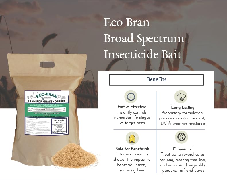 Eco-Bran Broad Spectrum Grasshopper & Cricket Bait - Contains 2% Carbaryl - Control of Grasshoppers, Cutworm, Locust, Mole & Mormon Crickets, Sow Bugs (Roly-Poly), Ants, Beetles & More! (2 lbs)