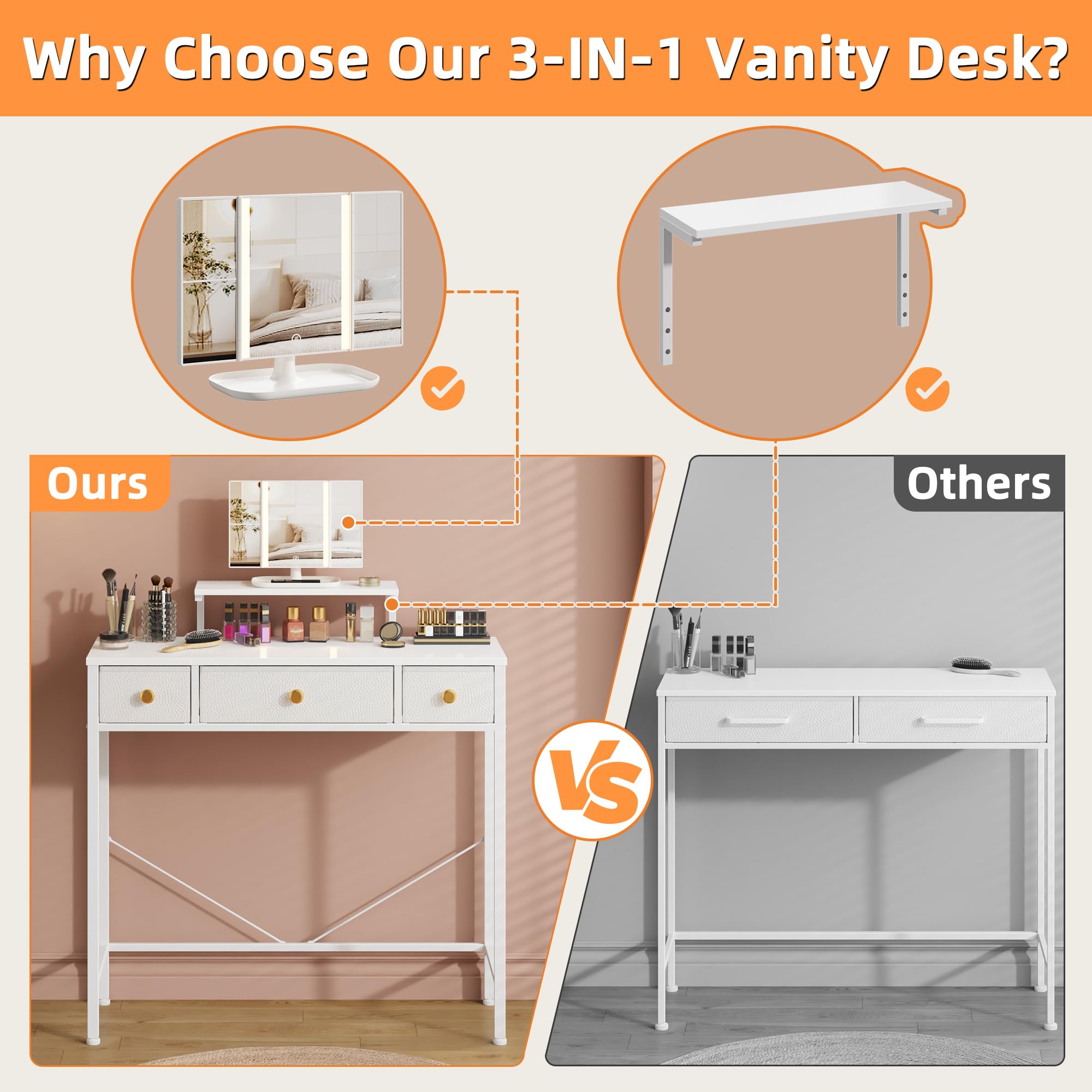 HIGDBFE Small Makeup Vanity Desk 27''W with 3 Fabric Drawers and Lighted Mirror, Vanity Table with Height-Adjustable Stand, Dressing Vanity Desk for Bedroom and Small Spaces, 27'', White