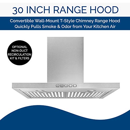 Broan-NuTone BWT2304SS 30-inch Wall-Mount Convertible Chimney-Style T-Shape Range Hood with 3-Speed Exhaust Fan and Light, 450 Max Blower CFM, Stainless Steel