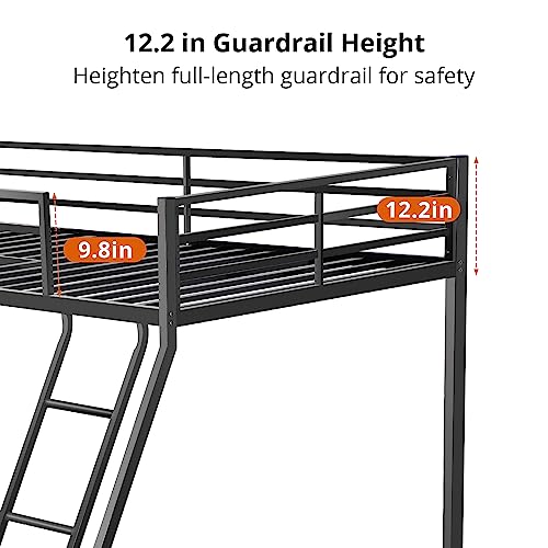 Metal Bunk Bed Frame, Twin Over Full Bunk Bed with Ladder and Full-Length Guardrail, Sturdy Support Slats for Teens Adults, Noise Free, Black