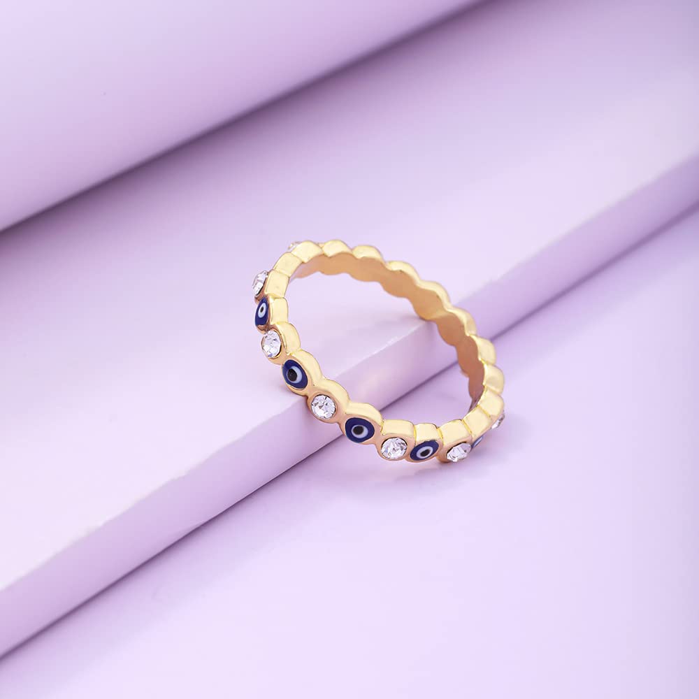 COLORFUL BLING 4 Pcs Set 14K Gold Plated Evil Eye Ring White Gold Plated Eye Ring Set Adjustable Stackable Rings Minimalist Protection Jewelry for Women Girls