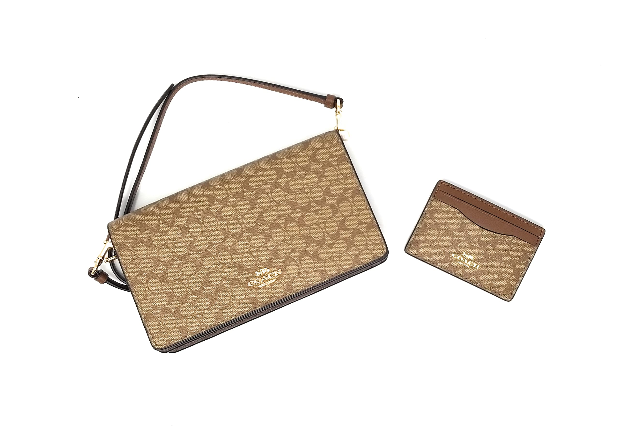 COACH Women's Boxed Anna Foldover Clutch Crossbody And Card Case Set (Signature Canvas - Khaki - Saddle)