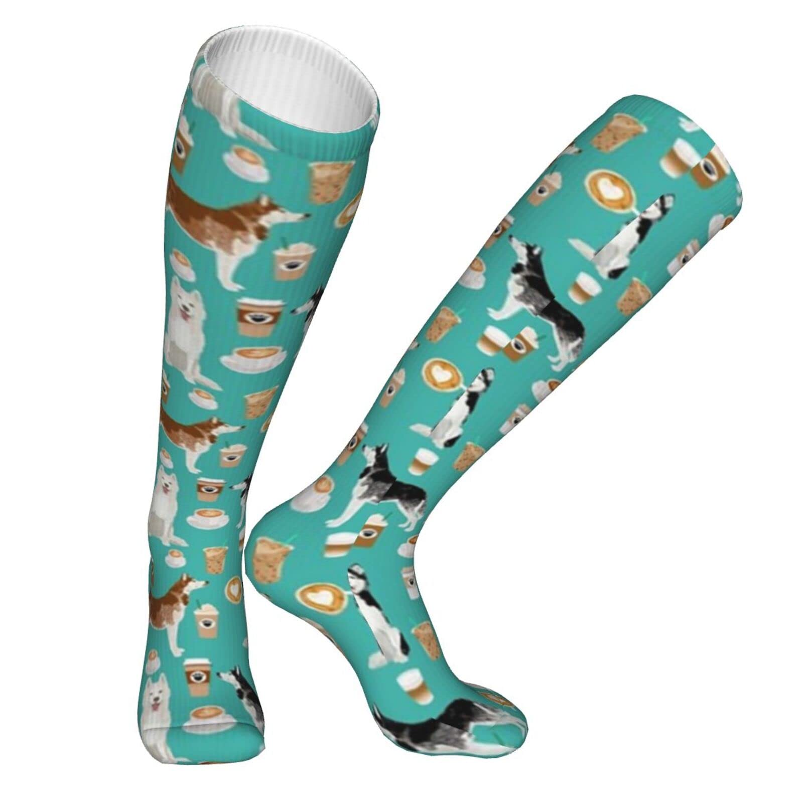 chegna Husky Siberian Huskies Coffees Dogs Design Compression Socks for Women & Men Circulation 15-20 mmHg is Best Support for Athletic Running Cycling, White, One Size (10463)