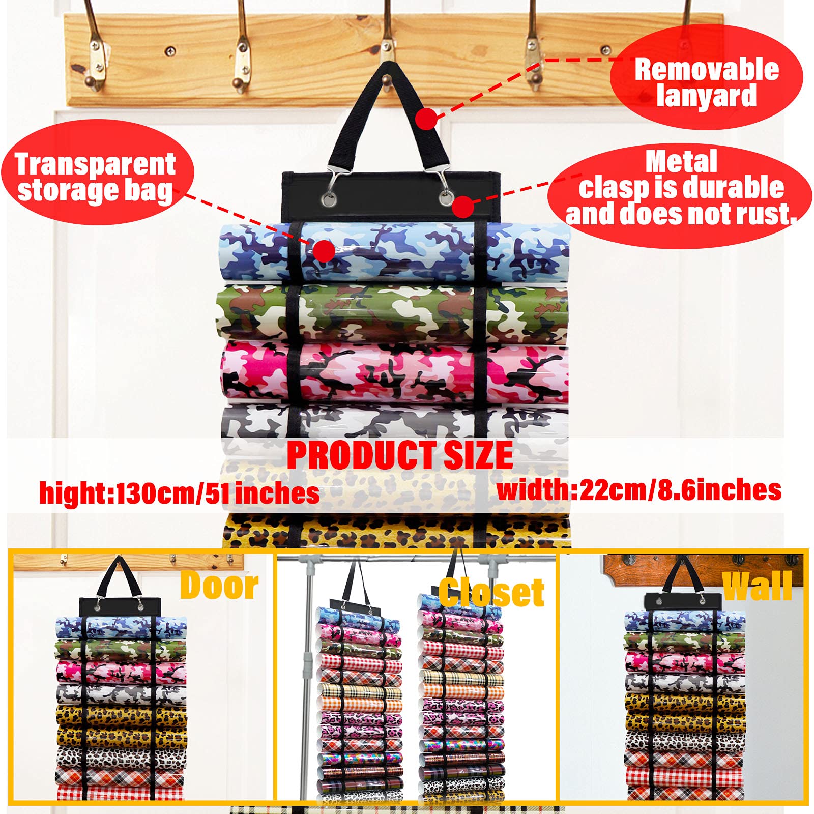 Vinyl Roll Holder with 25 Roll Compartments, Vinyl Roll Storage Rack Wall Mount,Over The Door, Craft Vinyl Storage Organizer Idea, Hanging Organizer Storage(Black, 25)