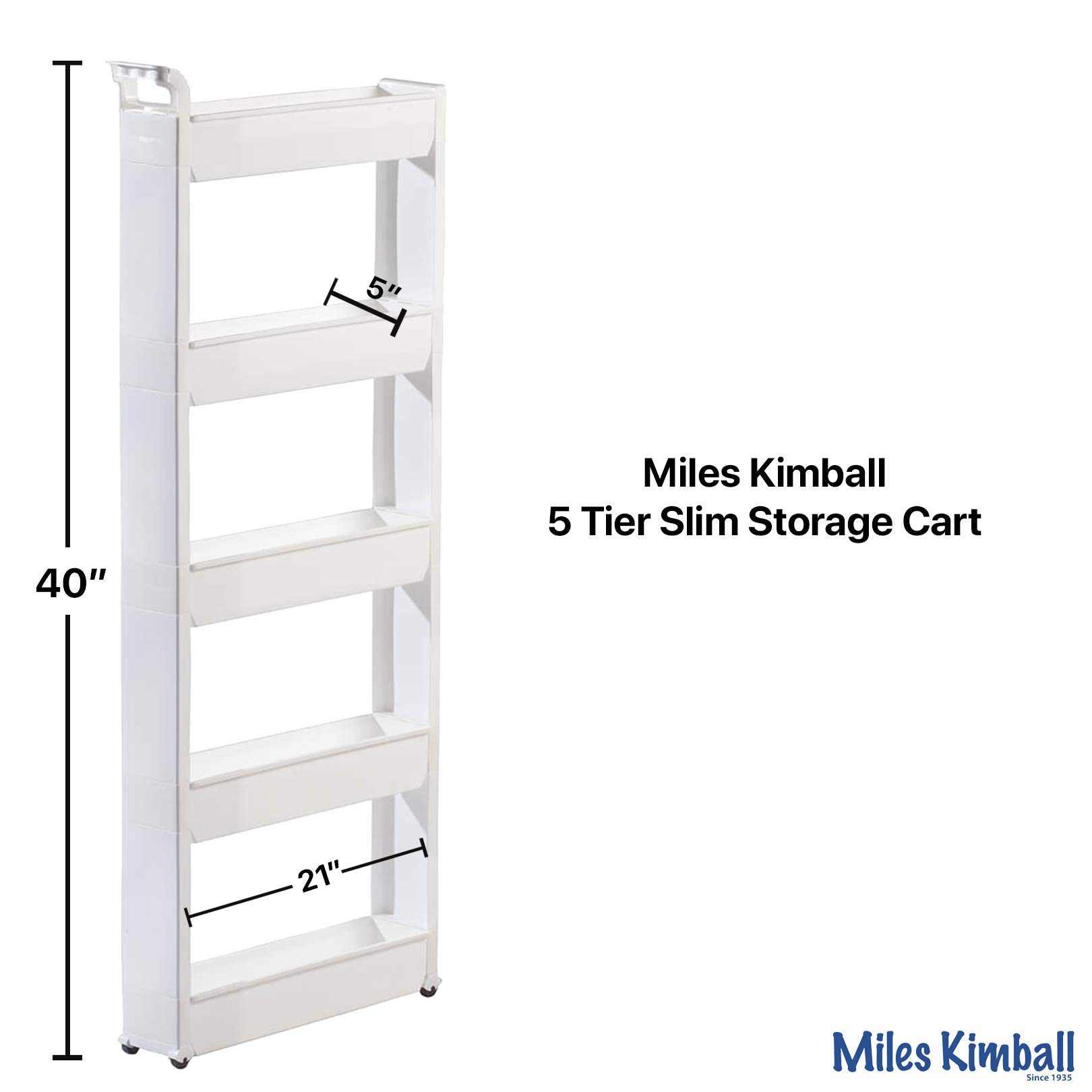 Miles Kimball 5 Tier Slim Cart, White, Durable Plastic, Easy Assembly, Holds Up to 6.5 lbs