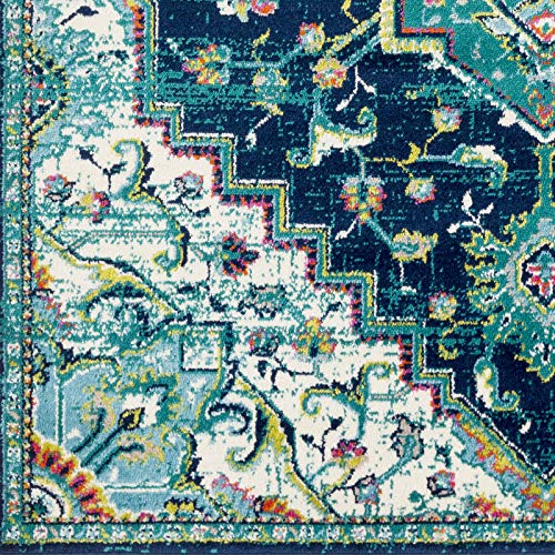 Livabliss Wendy Vintage Medallion Area Rug,5'3" x 7'9",Teal/Dark Blue