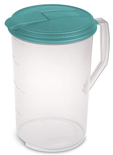 Sterilite 0488 One-Gallon Round Pitcher, Clear Base with Blue-Atoll (Teal) Lid and Tab