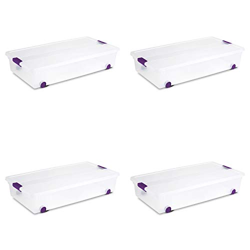Sterilite 17611704 60 Quart/57 Liter ClearView Latch Wheeled Underbed Box, Clear Lid and Base with Sweet Plum Latches and Wheels, 4-Pack